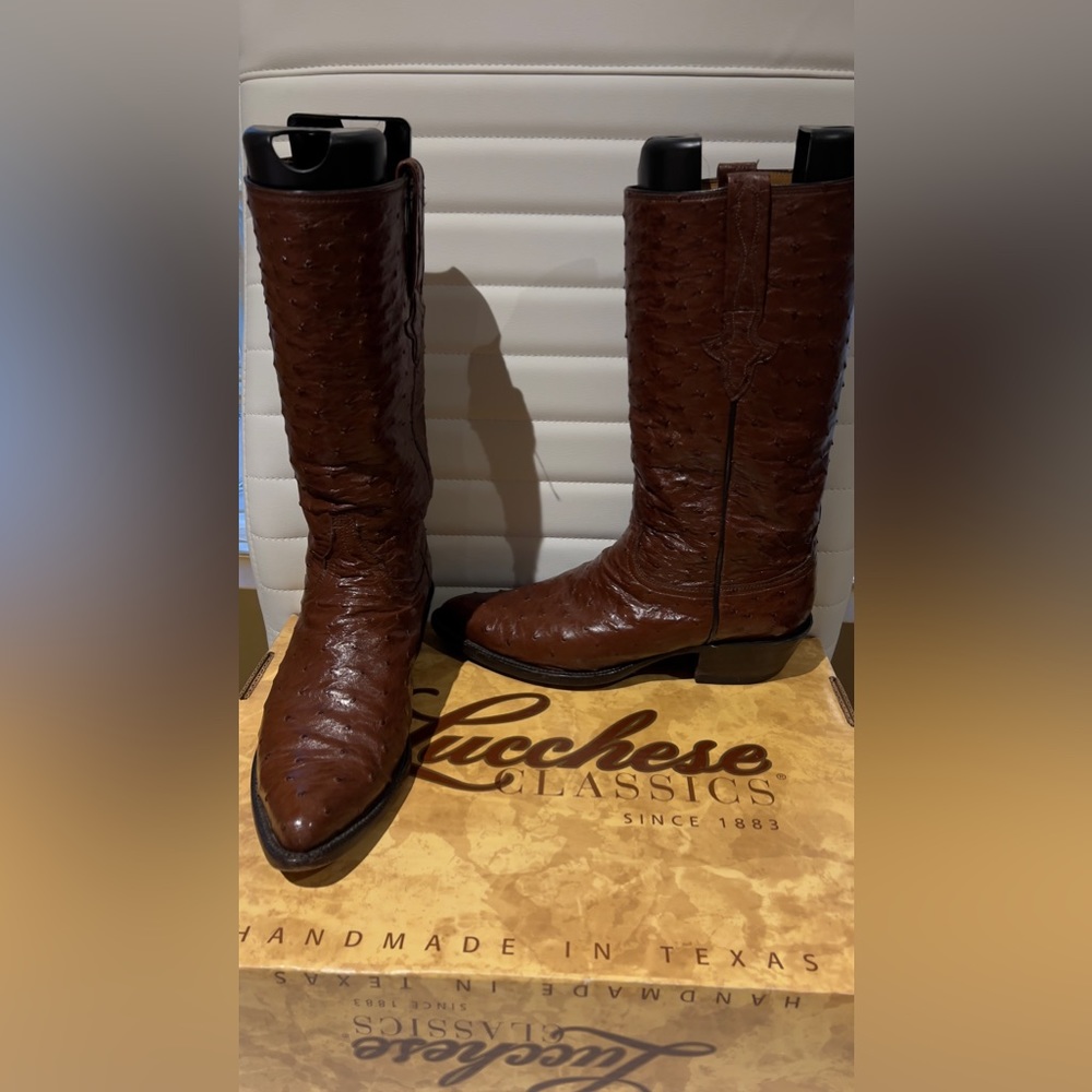 Rare Lucchese Full Ostrich Piping Cowboy Boots - Gem